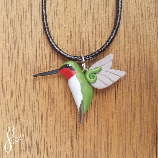 Ruby-Throated Hummingbird Necklace - 8 Blue Birds